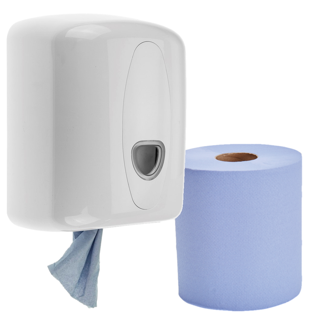 Blue Centerfeed Dispenser with a Roll of 50M Center Feed — Alta Essentials